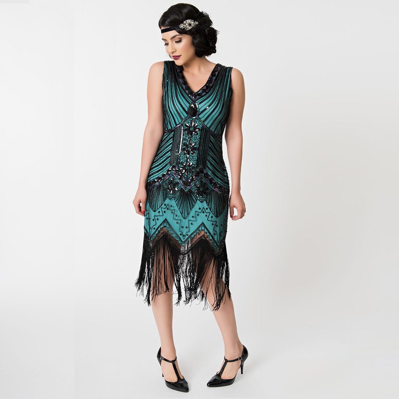 Roaring 20s Blue Green Fringe Flapper Dress Deco Shop